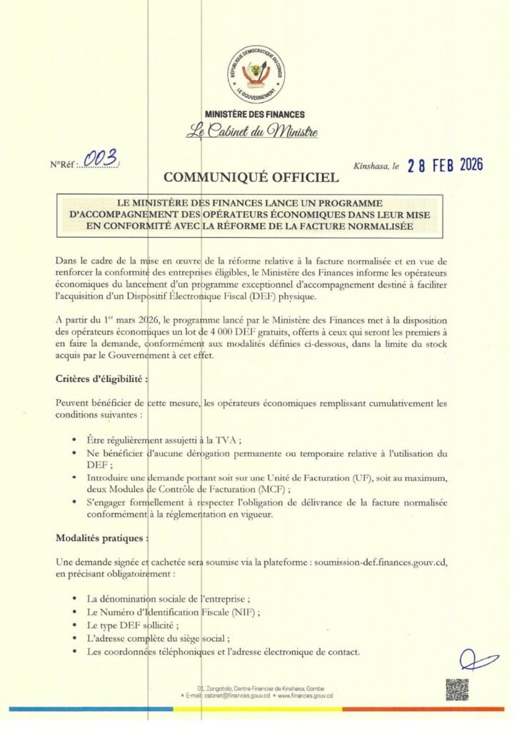 Facture normalisée en RDC : le ministère des Finances lance un ...