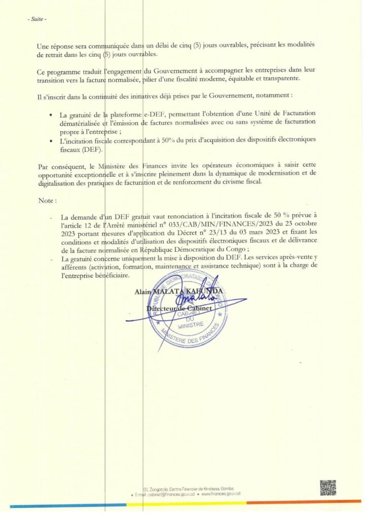 Facture normalisée en RDC : le ministère des Finances lance un ...